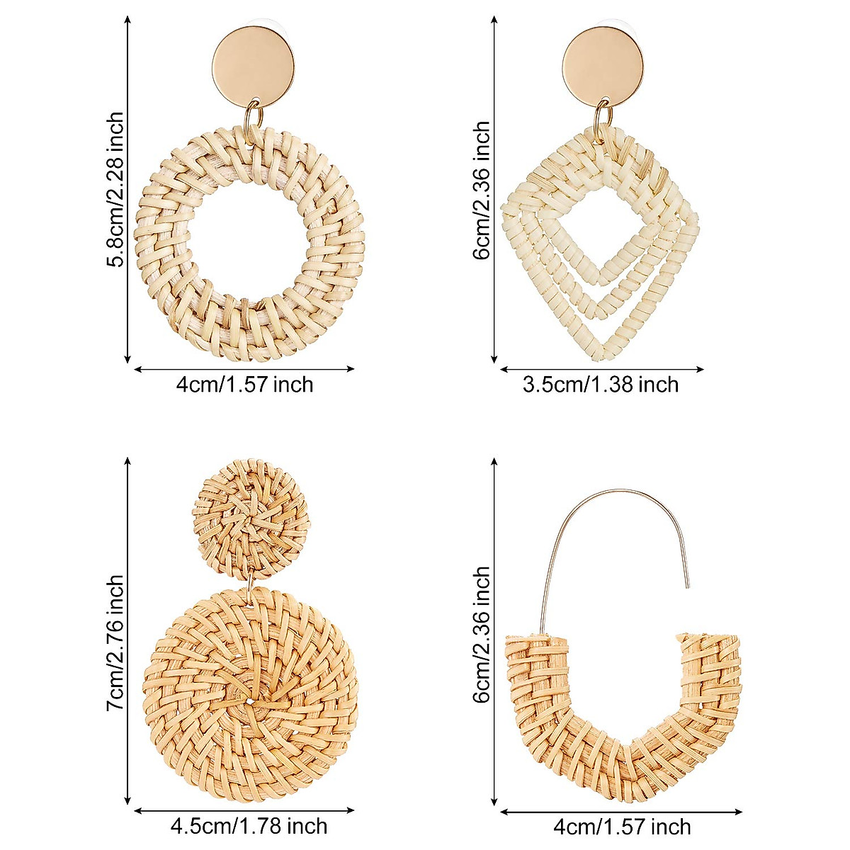 meekoo 4 Pairs Rattan Earrings for Women Beach Essentials Tassel Dangle Boho Straw Earrings(Boho)
