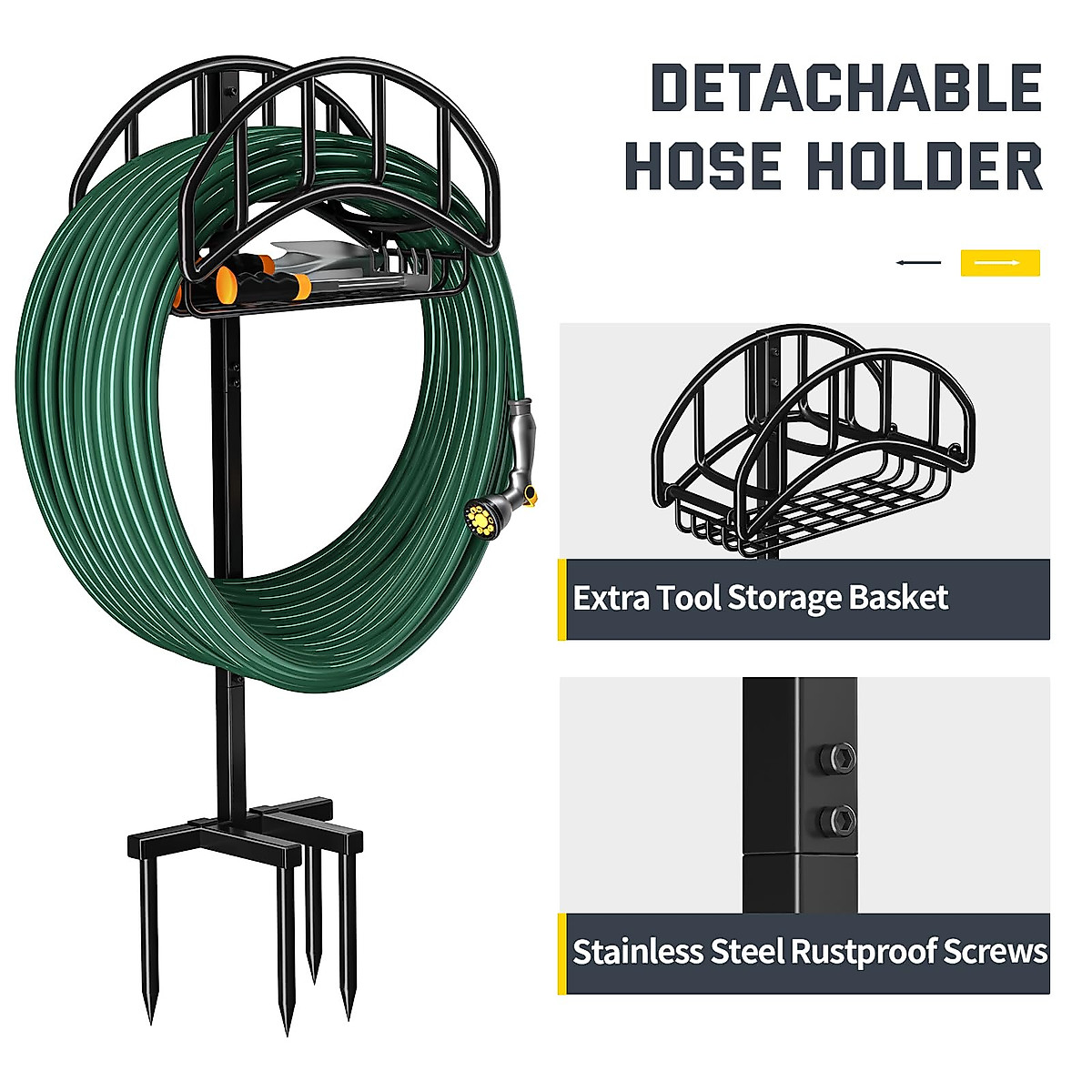 Kesfitt Garden Hose Holder,Detachable Water Hose Holders Freestanding with Tool Storage Basket,4 Spikes Heavy Duty Metal Hose Stand Hanger,Garden Hose Storage Rack for Outside Lawn Yard