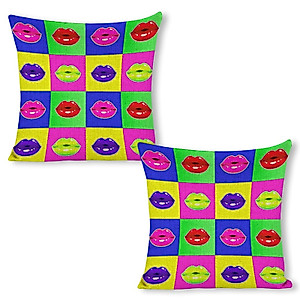Kiss Gloss Lips Throw Pillow Covers 18×18 Pillowcases Set of 2 Colorful Lipstick Cute Linen Decorative Square Pillow Case Cushion Covers Standard Size for Sofa Couch Outdoor Bed Pillow Protectors