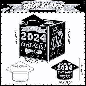 Graduation Card Box 2024 Graduation Decorations, Congrats Grad Card Box with 48 PCS Advice Cards, Black and Sliver Class of 2024 Graduation Gift Card Box for College High School Grad Party Supplies