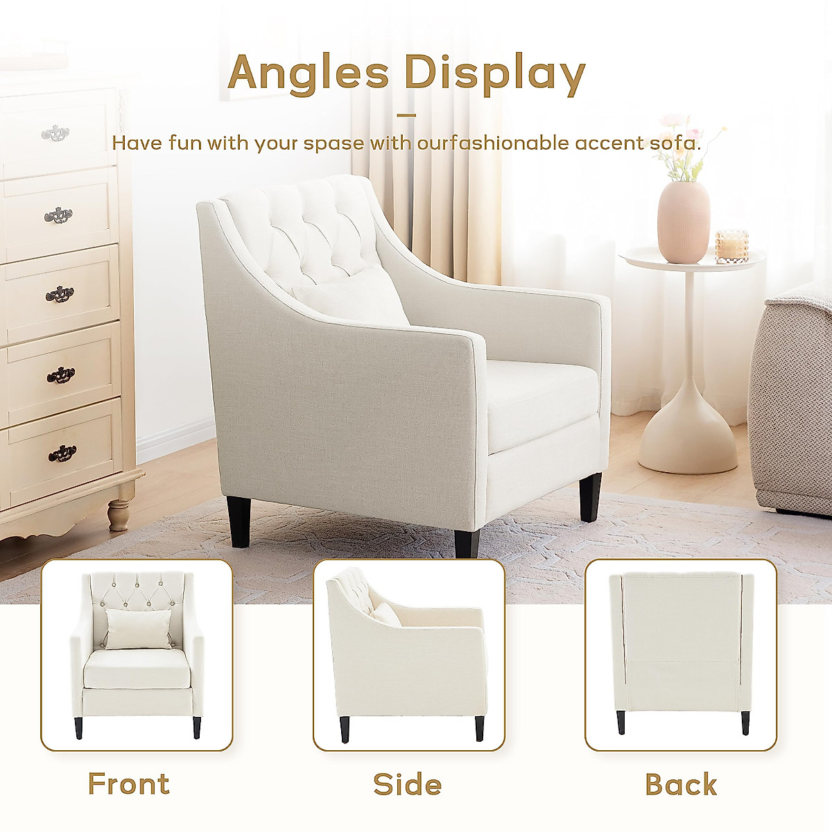 HUIMO Upholstered Living Room Chairs,Accent Chair with Solid Wood Frame,Reading Chair for Bedroom,Tufted Armchair,Mid Century Sofa Chair,Comfy Club Chair for Living Room (Beige)