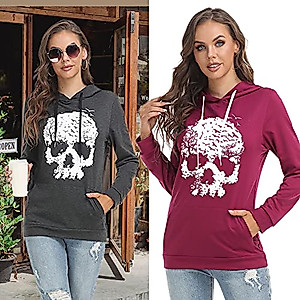 Calvin&Sally Women's Casual Lightweight Hoodies Long Sleeve Skull Graphic Tee Shirts Drawstring Pullover Hoodie Sweatshirts Tops with Pocket (Grey,XL)