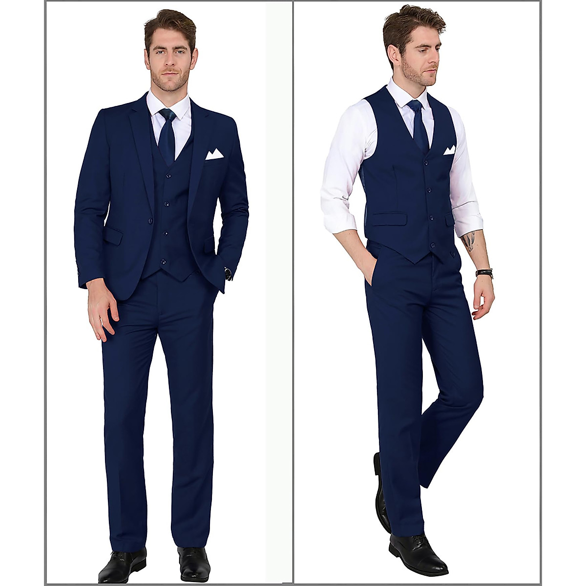 MAGE MALE Mens 3 Piece Suits Slim Fit Tuxedo Suit Set Soild Prom Wedding Suits One Button Blazer Vest Pants Set with Bow Tie Navy Blue