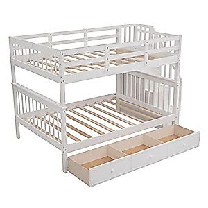 Full Over Full Bunk Beds with Drawers and Stairs Wood Bunk Bed Frame with Storage for Kids Teens Adult, Detachable Bunked for Boys Girls Women Men, White