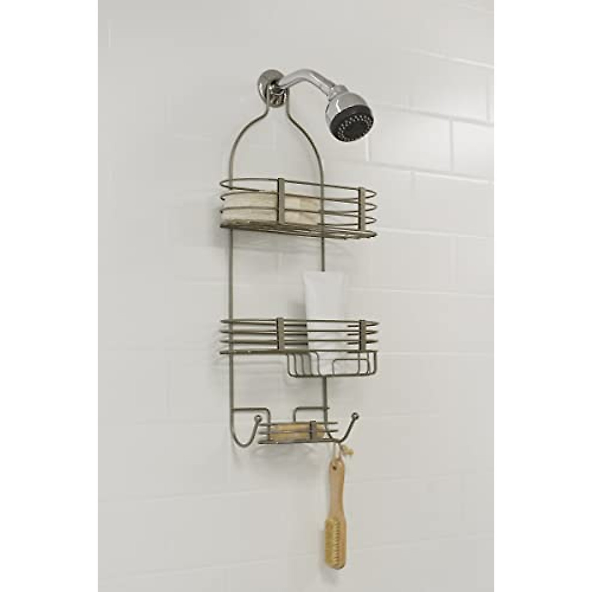 AQ Hanging Shower Caddy, Extra Wide Bathroom Organizer for Shampoo, Conditioner & Soap with Multi-Functional Hooks - Matte Nickel