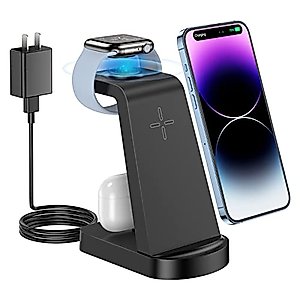 Wireless Charging Station, CKCN 3 in 1 Wireless Charger Compatible with i Phone 14 13 12 11 Pro Max SE XS 8 Plus, 18W Fast Wireless Charging Dock Stand for Apple Watch Series & Air pods (with Adapter)