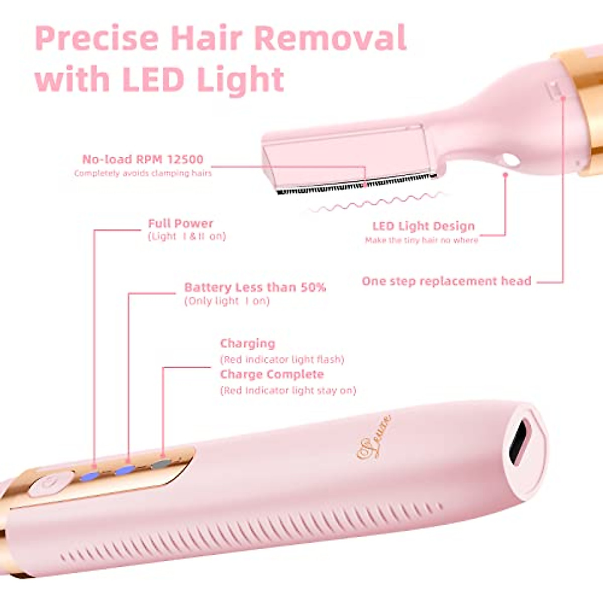 leuxe Eyebrow Trimmer and Facial Hair Remover Cordless Hair Remover for Face,Lips,Armpit,Portable Rechargeable Bikini Shaver (Pink)