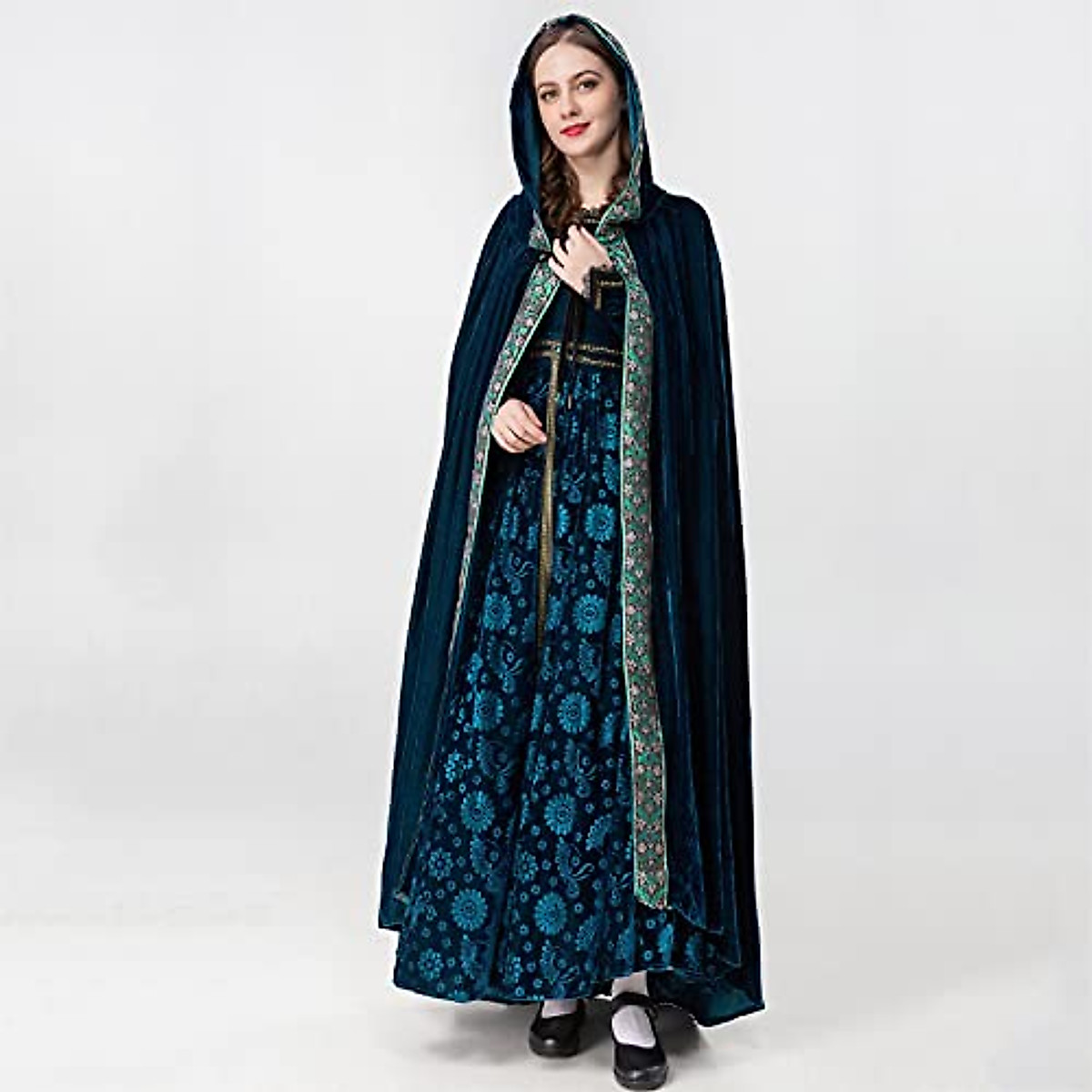 Women Long Sleeve Lace O Neck 2pices Set Cosplay Retro Dress Great Maxi Vintage For Cosplay Dress With Cloak Sprint