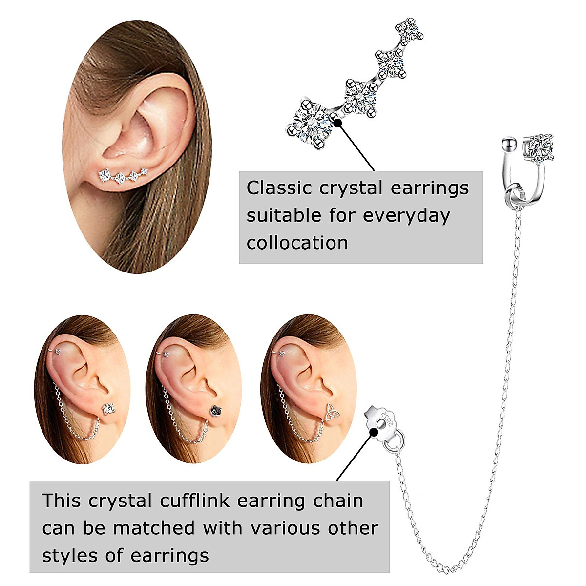 CZ 925 Sterling Silver 14K Gold Plated Ear Crawler Hypoallergenic 4 Crystals Stud Earring with Chain Threader Earrings for Women (White Gold)