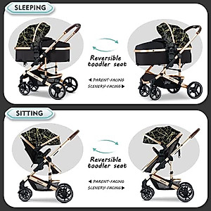 Blahoo Baby Stroller for Newborn, 2 in1 High Landscape Stroller, Foldable Aluminum Alloy Pushchair with Adjustable Backrest. Bassinet Stroller Gray