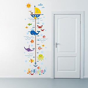 Wland 22 inches x 67 inches Undersea Fish Whale Octopus Crab Growth Chart Removable Vinyl Wall Decals Stickers for Children Room Nursery