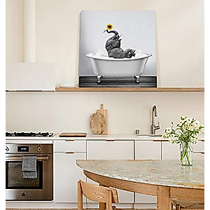 Canvas Wall Art Print Bathroom Wall Art Decor-Happy Elephant with Sunflower in Bathtub Black White Illustration Artwork Canvas Prints Stretched & Framed Ready to Hang Home Decor Wall Decor (12''x12'')