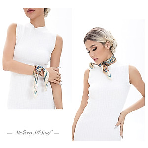 MEISEE Pure Natural Mulberry Silk Scarfs Women Small Square Scarf 21" x 21" Breathable Lightweight Neckerchief Printed Headscarf (White flower-10)