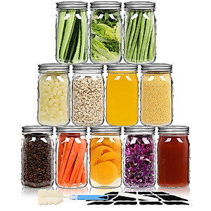 TOEKSIX Wide Mouth Mason Jars 32 oz/Quart with Airtight Lids and Bands 12 Pack, Clear Glass Jars for Canning, Preserving, Jam, Wedding Favors, Sauces, Meal Prep, Pickling, DIY Projects
