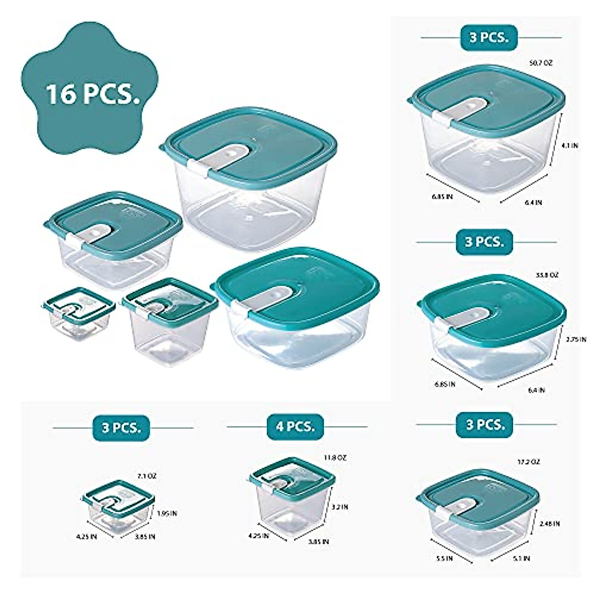 Plastic Food Storage Containers w/attached Lids. Multi sizes Containers. Microwave/Freezer & Dishwasher Safe - Steam Release Valve. BPA/Free (16, Light Blue)