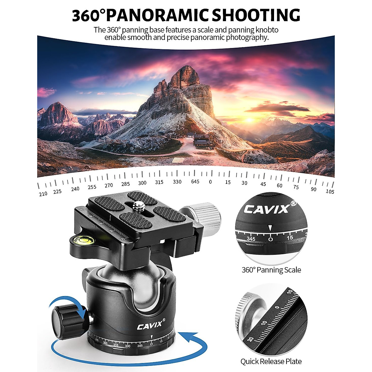 Ball Head Mount, CAVIX 36mm Ball Head Camera Tripod Head with 1/4“ Arca Swiss Quick Release Plate for Tripod, Monopod, DSLR, Camera,Load 33lb/15kg