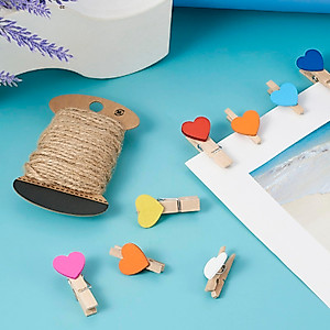 Pandahall 100Pcs Wooden Heart Clothespins Mini Photo Clips Photo Paper Pegs Clips Mixed Color Clothes Pins Holiday Card Holder Display with 10.9 Yards Jute Twine