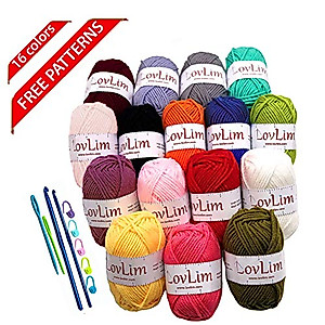 LovLim Crochet Yarn kit, 16 Soft Cotton Yarn Skeins,1000+ Yards, for Crochet and Knitting, Free Crochet/Amigurumi Patterns, Craft DK Yarn Perfect Starter Kit