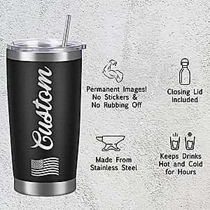 Personalized Water Bottles with Straw 20oz Custom Stainless Steel Sports Water Bottle with Engraved Name Text Customized Insulated Double Wall Water Bottles for School Sports(Blue)