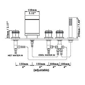AZOS Waterfall Bathtub Faucet Set with Handheld 5 Holes Bath Tub Faucet Combo Set 3 Handle Waterfall Tub Filler Faucet with Spray 5- Pieces Deck Mount Roman Tub Faucet Trim Kit, Chrome