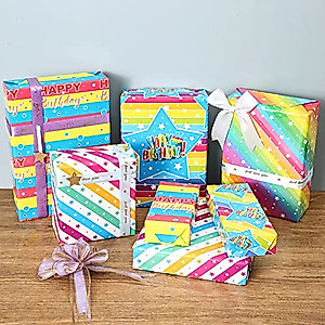 THMORT Birthday Wrapping Paper for Kids, Boys&Girls, Adults. Gift Wrapping Paper With Star, Rainbow stripe line Happy Birthday 4 Colorful Designs for Baby Shower, Holiday, Party Pack of 12 Sheets 20 X 29 Inch