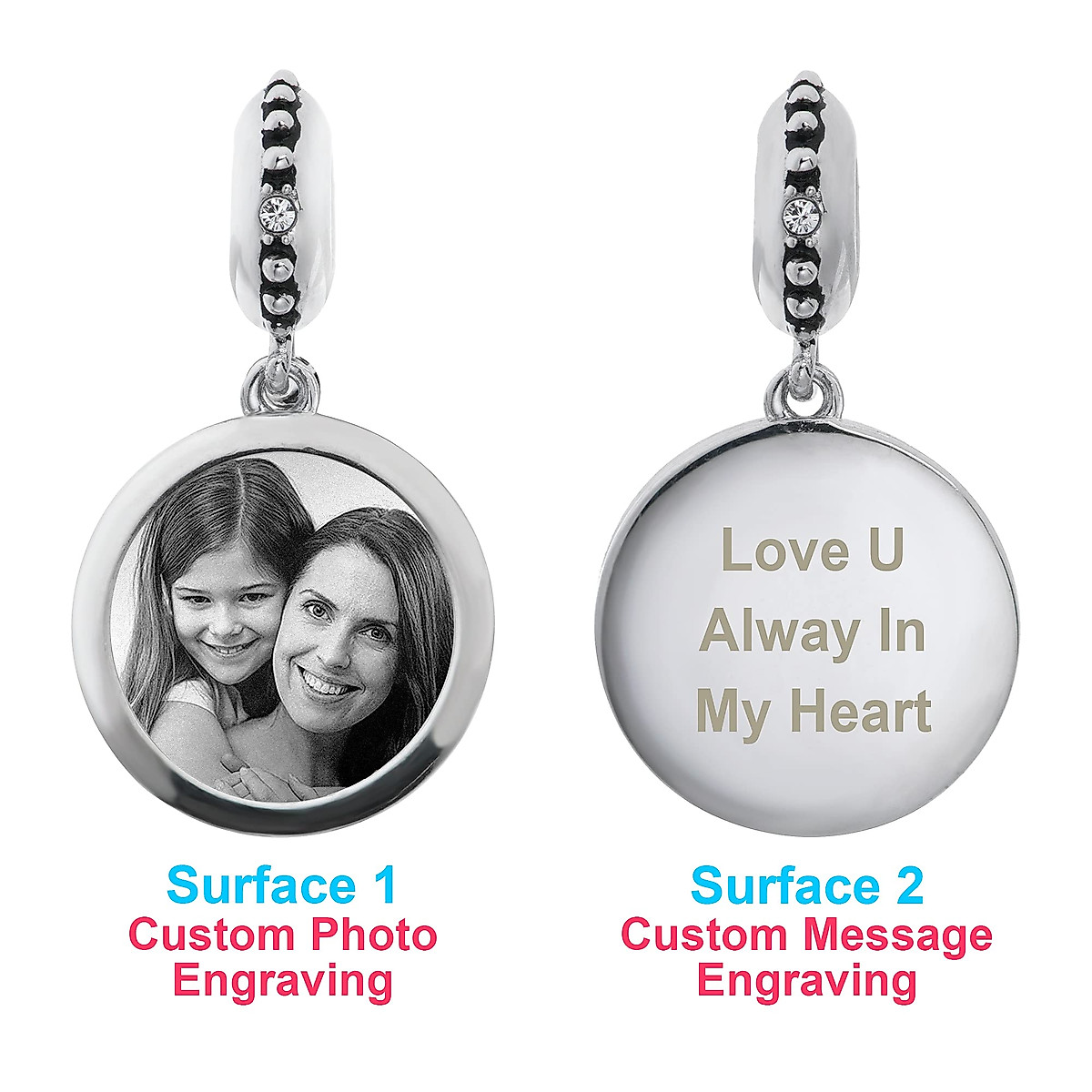 Qina C Sterling Silver Personalized Text & Photo Engraved Message Moon Star Crystal Dangle Bead F/European Charm Bracelet Gift f/Family Friend Wife Daughter