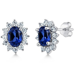 Gem Stone King 925 Sterling Silver Oval 7X5MM Gemstone Birthstone Stud Earrings Princess Diana Royal Halo Style For Women Anniversary Wedding Birthday