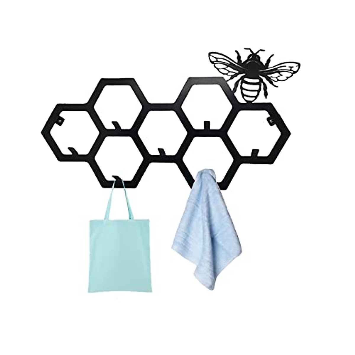 Bee Coat Rack Wall Mounted, Bee Decor, Bee with Honeycomb Metal Art Wall Decor, Bee Key Rack Beehive Wall Rack for Hanging Hats Keys Towels Jewelry Necklace and More, 16.5 x 8.9 x 1.37 Inches
