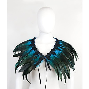 ZAKIA Women's Natural Feather Shawl Cape Halloween Shrug Black Brown Poncho Collar (Blue)