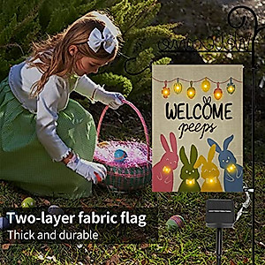 Welcome Easter Garden Flag with Lights Solar Powered Double Sided Spring Lawn Flag Welcome Peeps Rustic Farmhouse Yard Decor 12.5 x 18 Inch Solar Easter Lights Outdoor Decoration Easter Gift