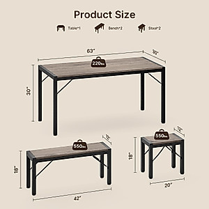 Gizoon 63" Dining Room Table Set for 6, Kitchen Table with 2 Benches and 2 Stools, Dining Table Set with Metal Frame, Space-Saving Kitchen Table Set for Apartment, Grey
