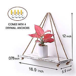 CuffUp Rope Hanging Shelves for Wall, Hanging Wall Shelves Floating Shelves White for Wall 2 Set of Whitewashed Rustic Wall Decor