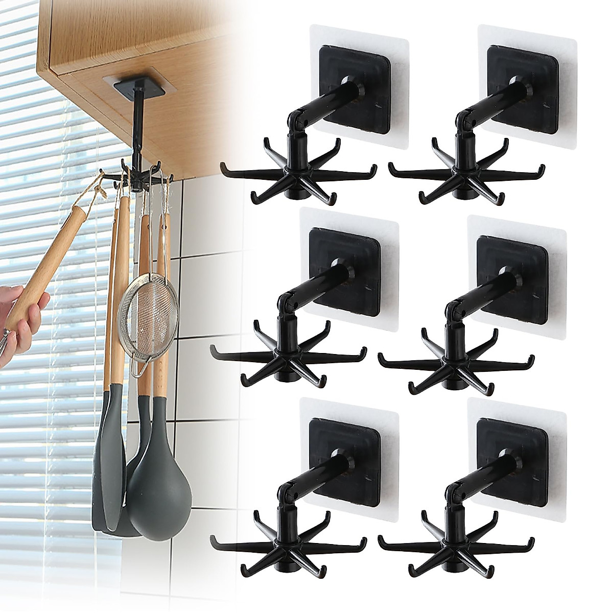 Probablei 360° Rotating Folding Hook, 360 Degrees Rotating Folding Hook, Hanging Utensil Holder, Multi-Purpose Hanging Utensil Holder Hooks, Self-Adhesive, for Kitchen Bathroom (6-Black,One Size)