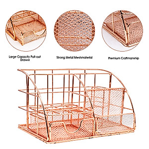 KAAKOW Rose Gold Desk Organizers and Accessories Office Supplies Set Stapler, Pen Holder, Phone Holder, Scissors, Pen, Ruler, 30 Paper Clips, 22 Binder Clip, 20 Tacks and 1000pcs Staples (Rose Gold)