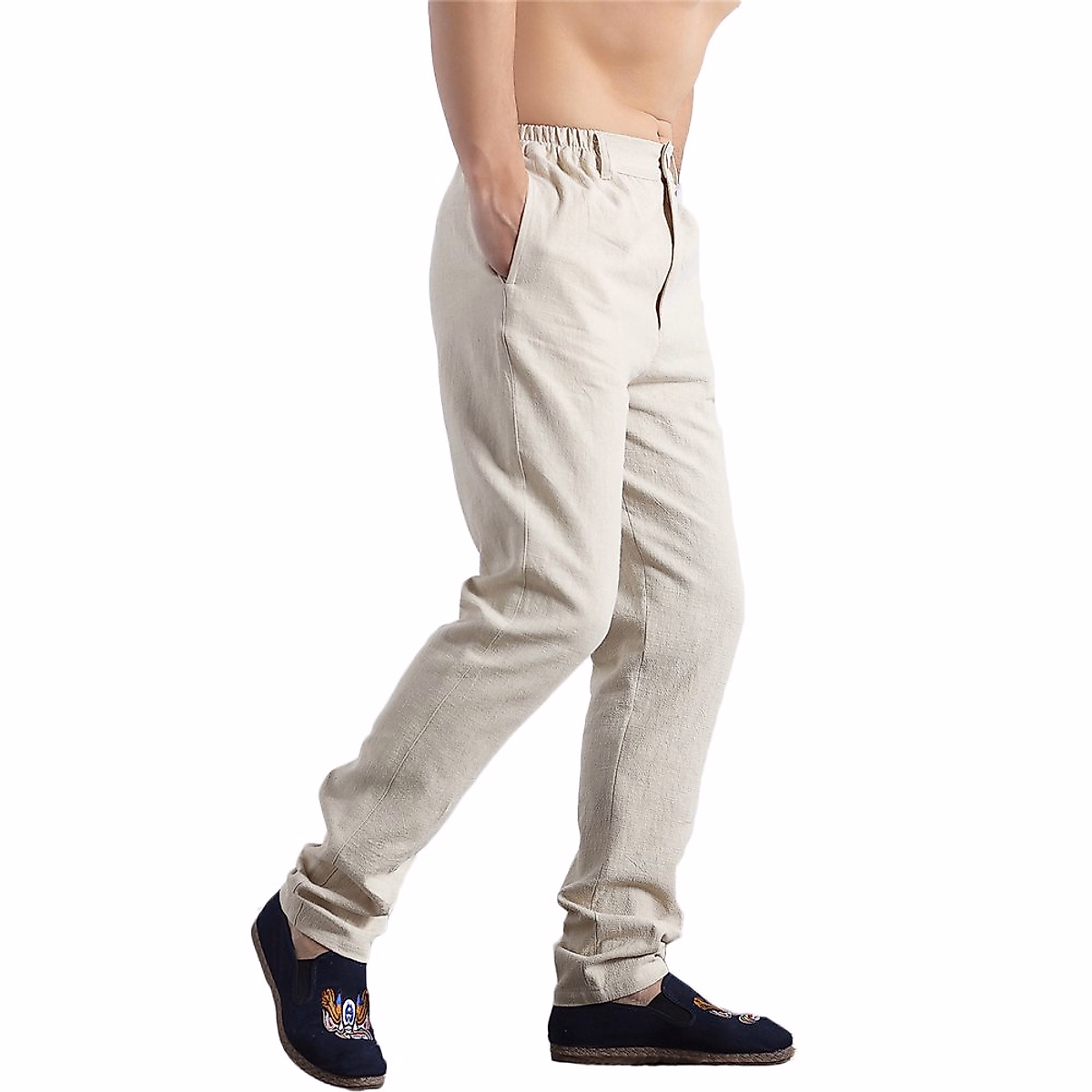 LZJN Men's Linen Slim-Fit Casual Pants LeisureTrousers Back Elastic Waistband with Pockets (Beige, XL)