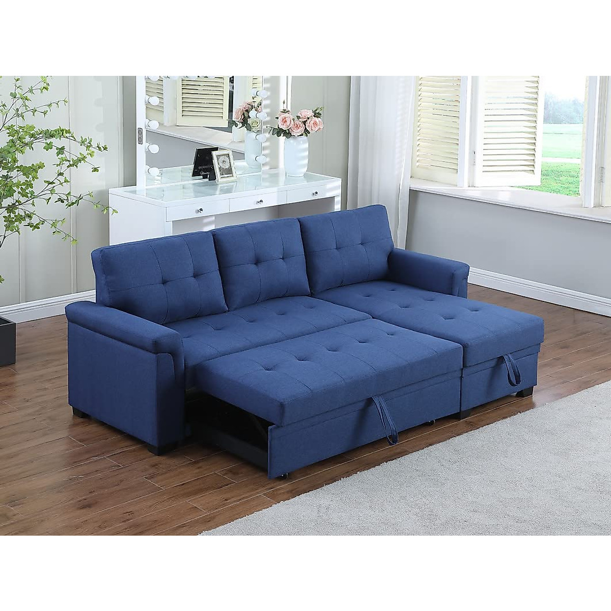 OPTOUGH L Shape Reversible Sectional Sofa Couch Pull Out Sleeper Bed with Storage Chaise for for Apartment, Living Room, Blue Linen