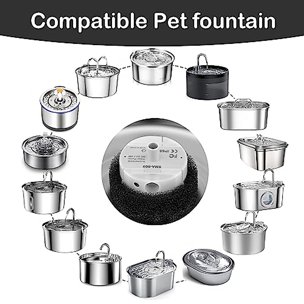 Cat Water Fountain Pump,Cat Fountain Pump Replacement Pump SMA-800 Submersible Motor,Pet Water Fountain Pump for Stainless Steel Cat Water Dispenser (Bottom Pumping)