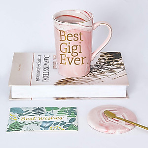 Mugs for Grandma Best Gigi Ever Coffee Mug from Grandson Granddaughter Mother’s Day Grandmother Birthday Gift from Grandchildren Marble Mugs Pink 14 Oz with Box Gift Spoon and Coaster, Cupcake Socks