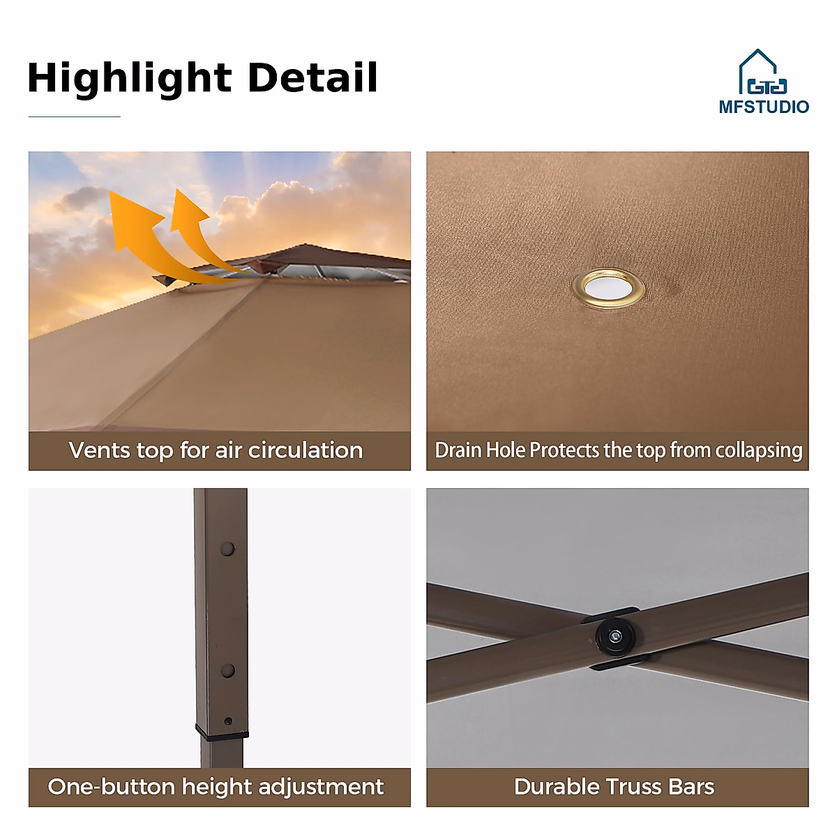 PHI VILLA 13' x 13' Patio Gazebo Tent Outdoor Pop-up Canopy Shelter with Elegant Corner Curtain for Backyard, Party, Family Outings, 169 Sq. Ft of Shade, Brown