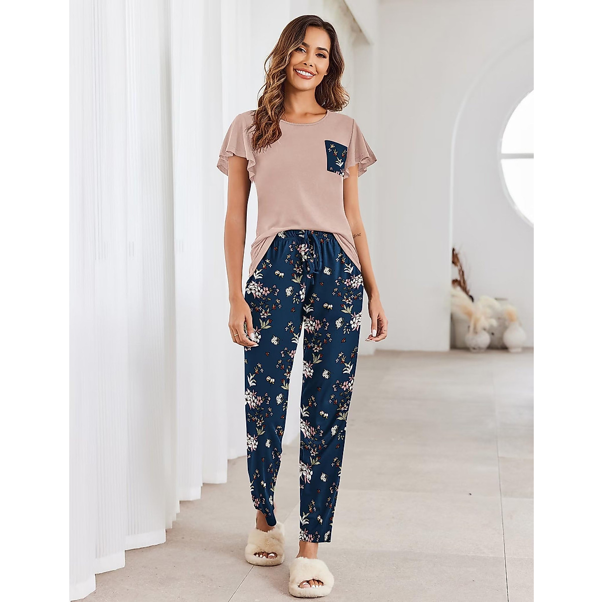 Ekouaer 2 Pack Womens Pajama Sets Short Sleeve with Long Pajama Pant Set Soft Sleepwear Printed Pj Lounge Set with Pockets