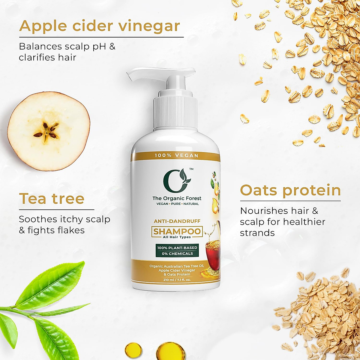 Anti Dandruff Shampoo - Sulfate-Free, Dry Scalp Soothing, Itchy Scalp Relief, Tea Tree Oil & Apple Cider Vinegar, Paraben Free Shampoo - Best Shampoo for Dandruff, Flakes, Itching & Scalp Care