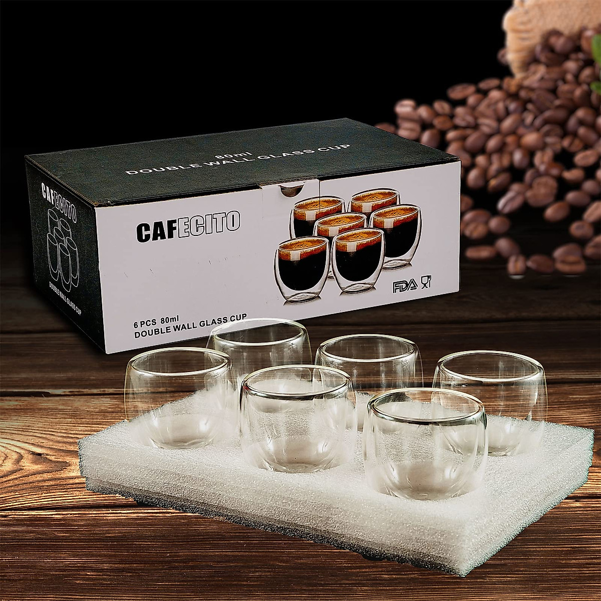WOAIERNV 2.7 Ounce Espresso Cups,Set of 6,Double Walled Insulated Espresso Glasses,Handmade Borosilicate Glassware Coffee Cup,Perfect for Cold or Hot Drinks