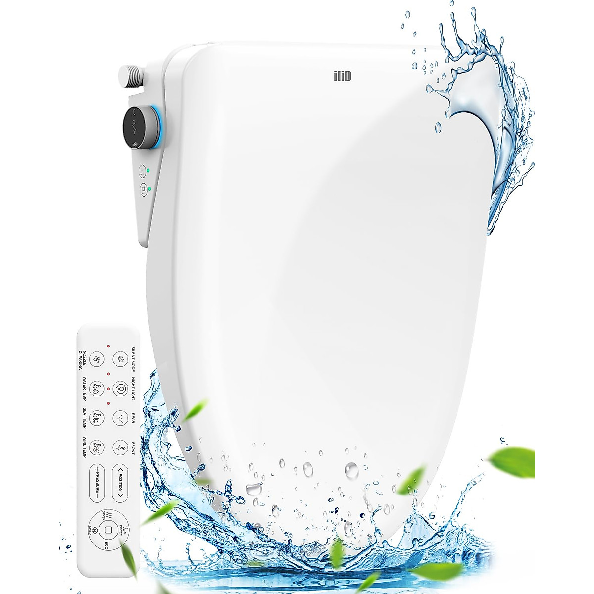 iliD Smart Bidet Toilet Seat, Electric Elongated Ecoseat with Four Cleaning Modes, Adjustable Angle and Pressure, Remote Control, Slow Close Lid, Easy Installation, 2 Year Warranty