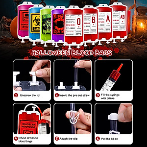 MGparty 80 Packs Blood Bags for Drink, Blood IV Bags for Halloween Party Decoration Drink Container Juice Pouch Prop for Zombie Vampire Theme Party Props (80Pcs Bag, 5 Syringes)