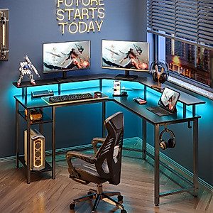 Rolanstar L Shaped Gaming Desk with LED Lights & Power Outlets, 56" Computer Desk with Full Monitor Stand & Storage Shelf, Corner Desk with Hooks, Black Desk Reversible