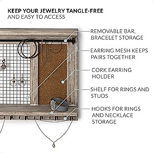 Barnyard Designs Wall Mounted Hanging Jewelry Organizer, Earring, Necklace and Bracelet Hanger with Ring Shelf, Rustic Wood Jewelry Holder Storage Display Rack, Large, Whitewashed Wood, 16.5" x 13"