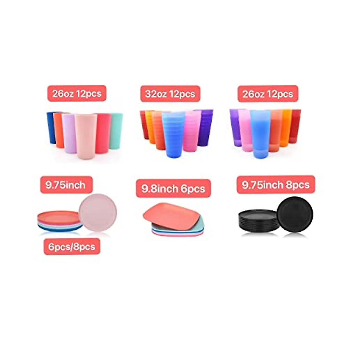 Unbreakable 26-ounce Plastic Tumbler Drinking Glasses, Set of 12 Multicolor - Dishwasher safe, BPA Free