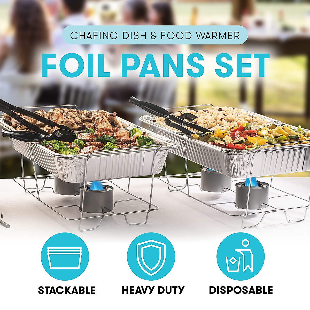 Disposable Chafing Dish Buffet Set Food Warming Trays - 3 Water Food Warmer Pans, 6 Foil Pans, 6 Lids - Buffet Set Trays Food Warmers for Parties & Events - Replacement Chafing Dishes for Catering