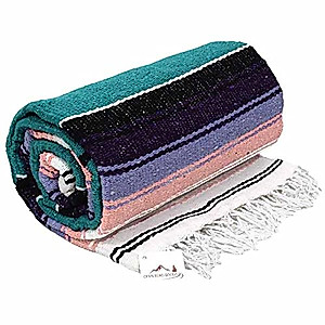 Open Road Goods Teal/Turquoise Diamond Mexican Yoga Blanket, Thick Serape with Pink Sunset Stripes - Handmade Blanket