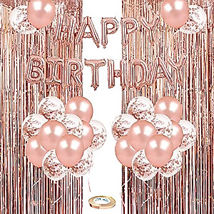 Rose Gold Birthday Party Decoration, 50PCS Rose Gold & Confetti Latex Balloons, Happy Birthday Balloons Banner with 2 Foil Fringe Curtains, Birthday Decorations for Women Girls